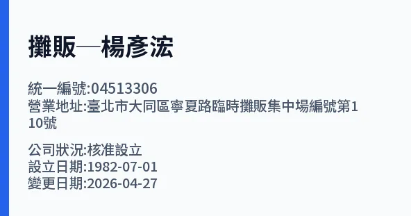 攤販─楊彥浤的照片-統編 04513306(臺北市) 公司登記資料與營業項目詳細圖表
