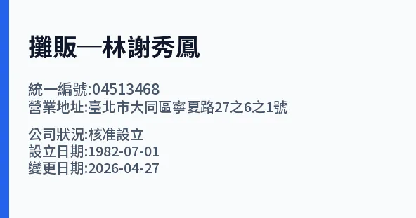 攤販─林謝秀鳳的照片-統編 04513468(臺北市) 公司登記資料與營業項目詳細圖表