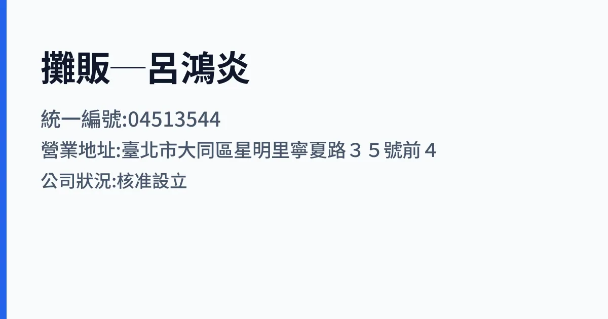 攤販─呂鴻炎 - 統編 04513544(臺北市) 公司登記資料與營業項目詳細圖表