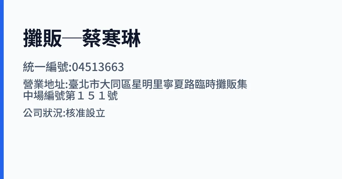 攤販─蔡寒琳 - 統編 04513663(臺北市) 公司登記資料與營業項目詳細圖表