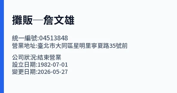 攤販─詹文雄的照片-統編 04513848(臺北市) 公司登記資料與營業項目詳細圖表