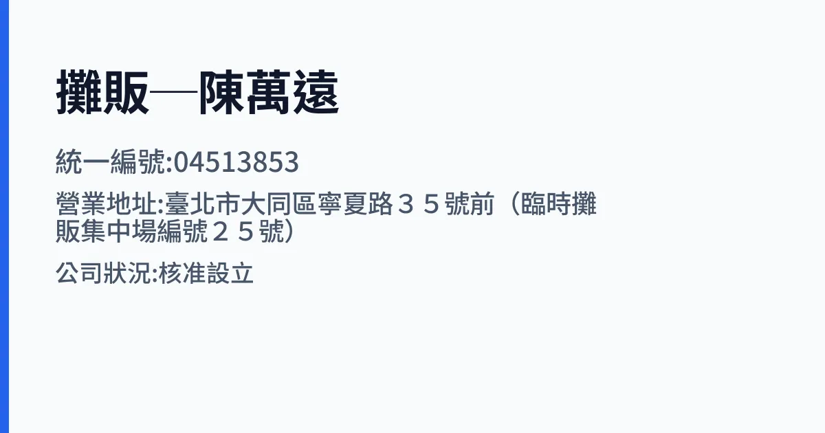 攤販─陳萬遠 - 統編 04513853(臺北市) 公司登記資料與營業項目詳細圖表