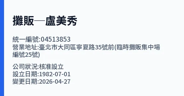 攤販─盧美秀的照片-統編 04513853(臺北市) 公司登記資料與營業項目詳細圖表