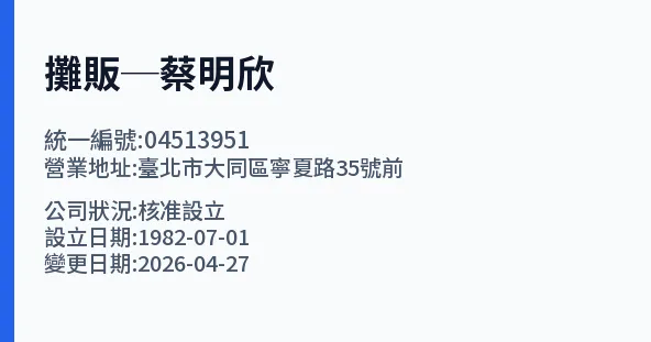 攤販─蔡明欣的照片-統編 04513951(臺北市) 公司登記資料與營業項目詳細圖表