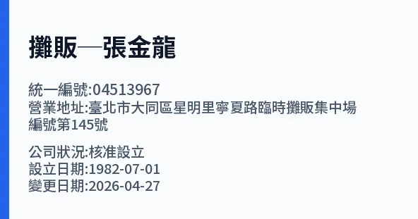 攤販─張金龍的照片-統編 04513967(臺北市) 公司登記資料與營業項目詳細圖表