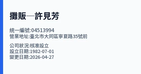 攤販─許見芳的照片-統編 04513994(臺北市) 公司登記資料與營業項目詳細圖表