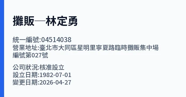 攤販─林定勇的照片-統編 04514038(臺北市) 公司登記資料與營業項目詳細圖表
