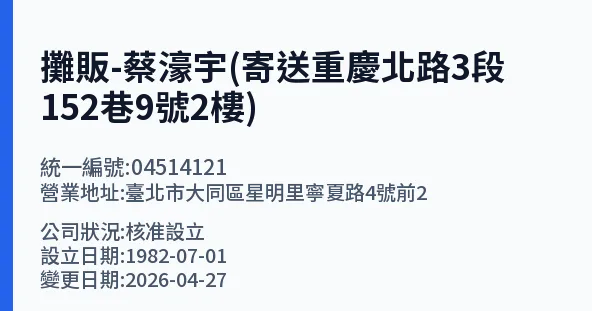 攤販-蔡濠宇(寄送重慶北路3段152巷9號2樓)的照片-統編 04514121(臺北市) 公司登記資料與營業項目詳細圖表