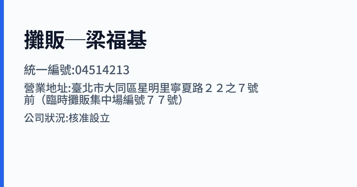 攤販─梁福基 - 統編 04514213(臺北市) 公司登記資料與營業項目詳細圖表