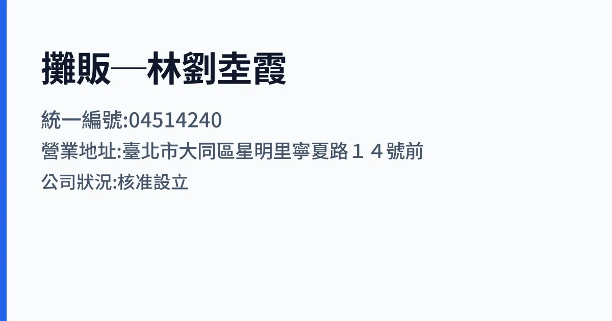 攤販─林劉坴霞 - 統編 04514240(臺北市) 公司登記資料與營業項目詳細圖表