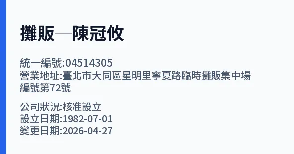 攤販─陳冠攸的照片-統編 04514305(臺北市) 公司登記資料與營業項目詳細圖表