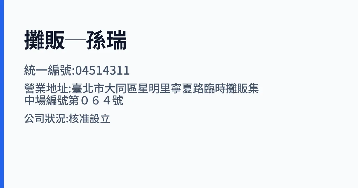 攤販─孫瑞 - 統編 04514311(臺北市) 公司登記資料與營業項目詳細圖表