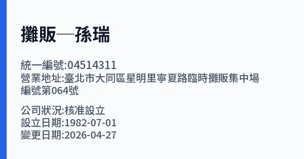 攤販─孫瑞的照片-統編 04514311(臺北市) 公司登記資料與營業項目詳細圖表