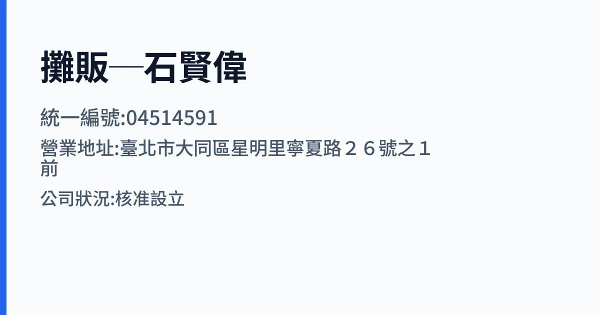 攤販─石賢偉 - 統編 04514591(臺北市) 公司登記資料與營業項目詳細圖表