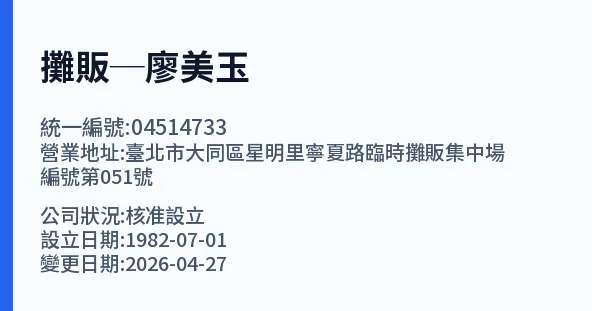 攤販─廖美玉的照片-統編 04514733(臺北市) 公司登記資料與營業項目詳細圖表