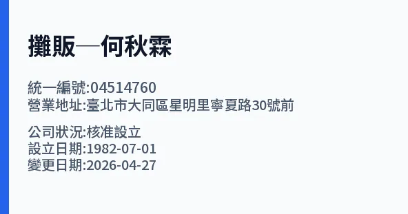 攤販─何秋霖的照片-統編 04514760(臺北市) 公司登記資料與營業項目詳細圖表