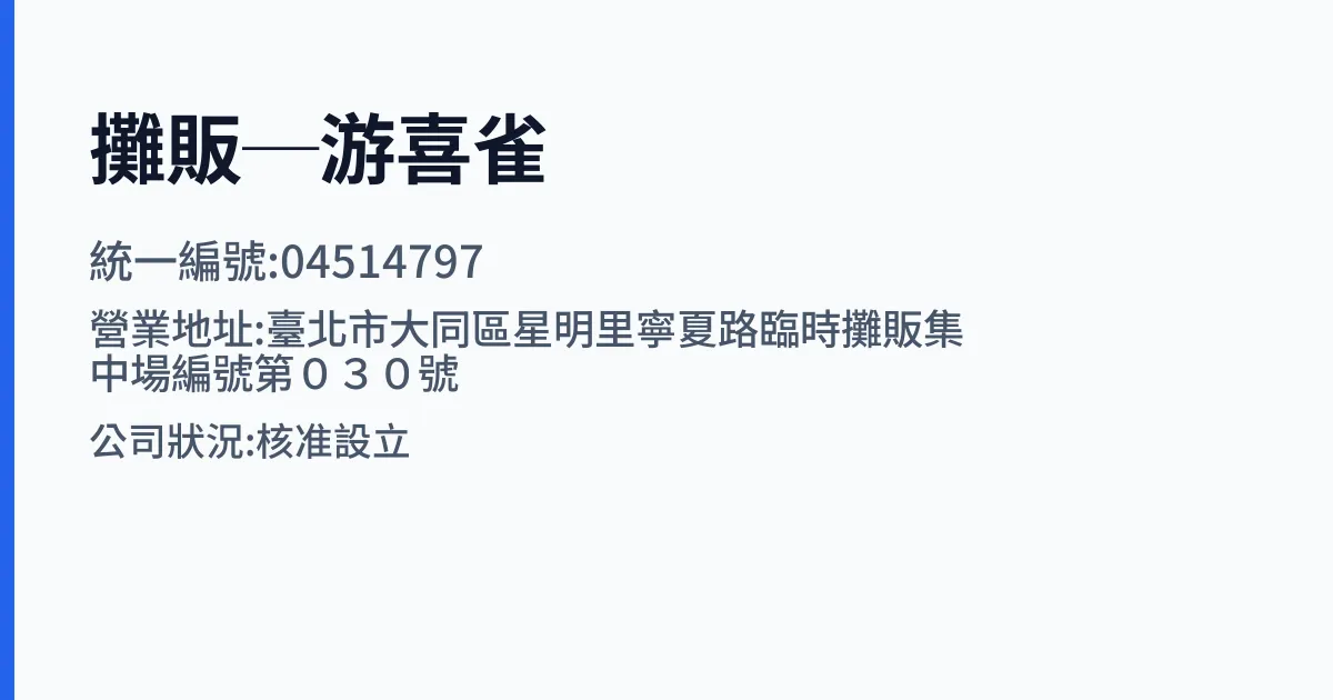 攤販─游喜雀 - 統編 04514797(臺北市) 公司登記資料與營業項目詳細圖表