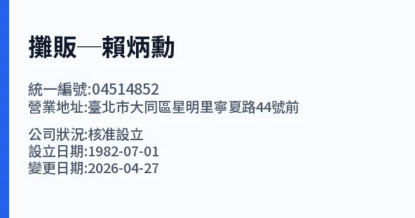 攤販─賴炳勳的照片-統編 04514852(臺北市) 公司登記資料與營業項目詳細圖表