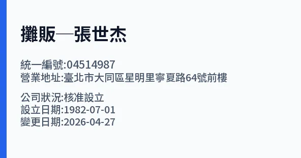 攤販─張世杰的照片-統編 04514987(臺北市) 公司登記資料與營業項目詳細圖表