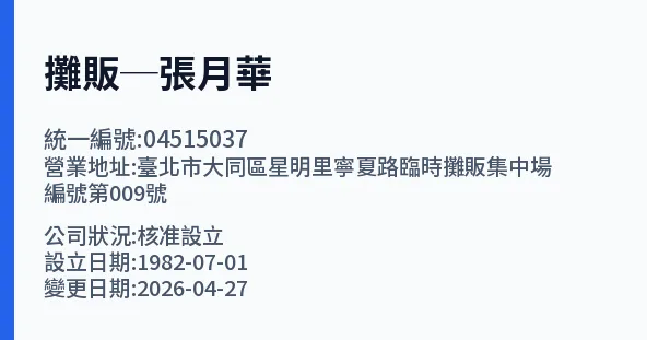攤販─張月華的照片-統編 04515037(臺北市) 公司登記資料與營業項目詳細圖表