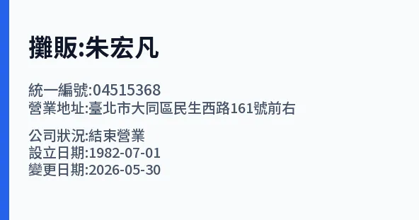 攤販:朱宏凡的照片-統編 04515368(臺北市) 公司登記資料與營業項目詳細圖表
