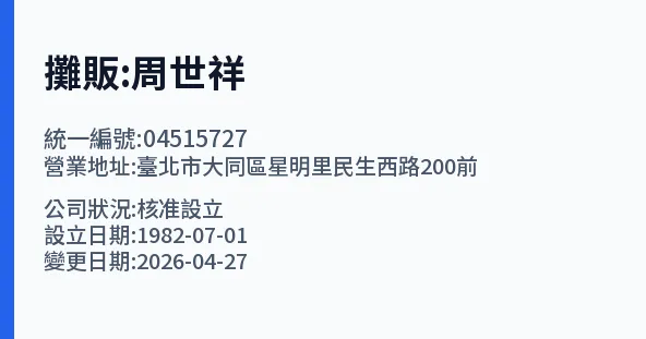 攤販:周世祥的照片-統編 04515727(臺北市) 公司登記資料與營業項目詳細圖表