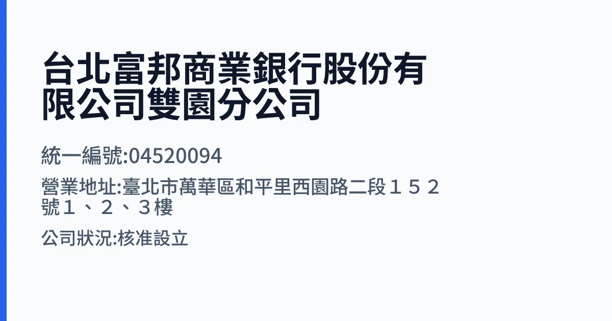 台北富邦商業銀行股份有限公司雙園分公司 - 統編 04520094(臺北市) 公司登記資料與營業項目詳細圖表