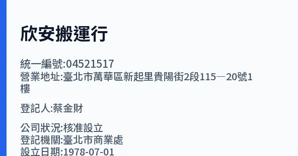 欣安搬運行的照片-統編 04521517(臺北市) 公司登記資料與營業項目詳細圖表