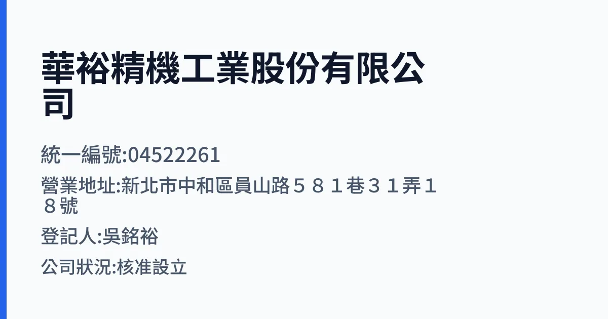 華裕精機工業股份有限公司 - 統編 04522261(新北市) 公司登記資料與營業項目詳細圖表