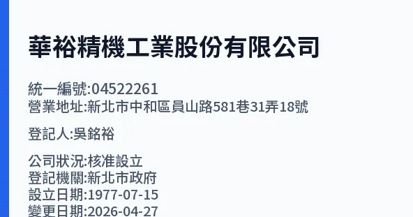 華裕精機工業股份有限公司的照片-統編 04522261(新北市) 公司登記資料與營業項目詳細圖表