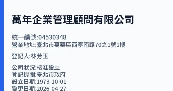 萬年企業管理顧問有限公司的照片-統編 04530348(臺北市) 公司登記資料與營業項目詳細圖表