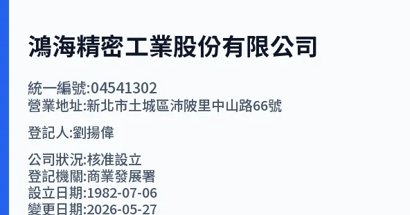 鴻海精密工業股份有限公司的照片-統編 04541302(新北市) 公司登記資料與營業項目詳細圖表
