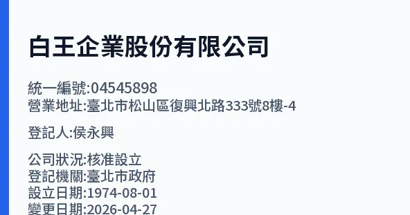 白王企業股份有限公司的照片-統編 04545898(臺北市) 公司登記資料與營業項目詳細圖表