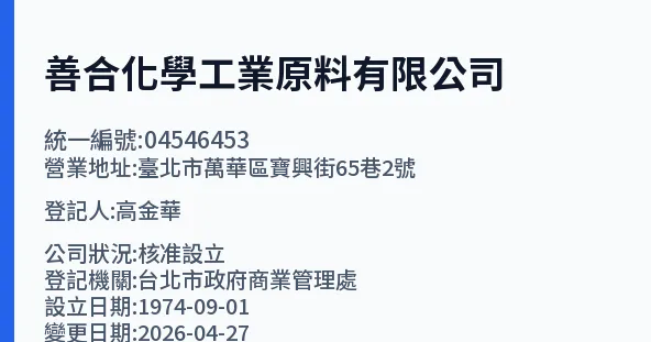 善合化學工業原料有限公司的照片-統編 04546453(臺北市) 公司登記資料與營業項目詳細圖表