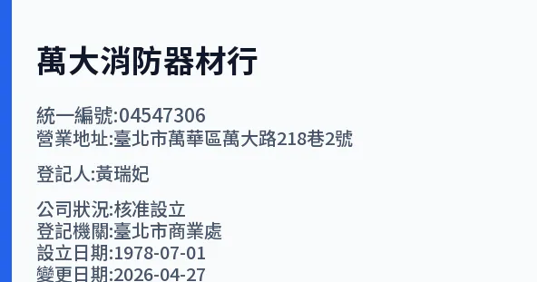 萬大消防器材行的照片-統編 04547306(臺北市) 公司登記資料與營業項目詳細圖表