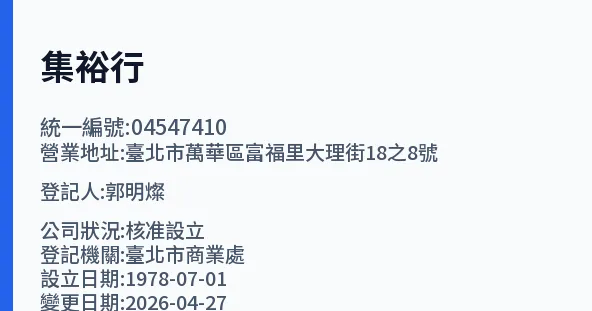 集裕行的照片-統編 04547410(臺北市) 公司登記資料與營業項目詳細圖表