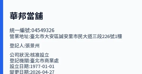 華邦當舖的照片-統編 04549326(臺北市) 公司登記資料與營業項目詳細圖表