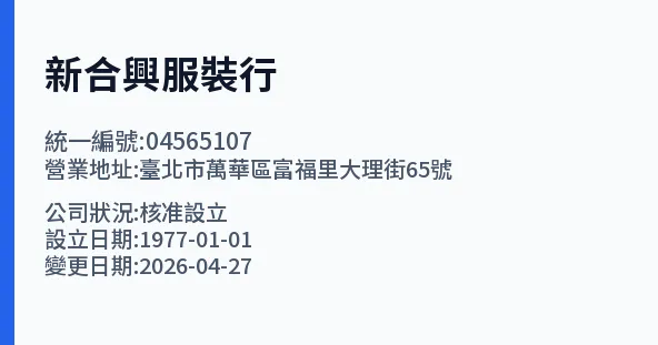 新合興服裝行的照片-統編 04565107(臺北市) 公司登記資料與營業項目詳細圖表
