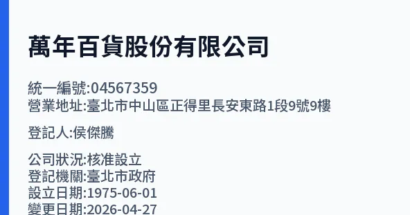 萬年百貨股份有限公司的照片-統編 04567359(臺北市) 公司登記資料與營業項目詳細圖表