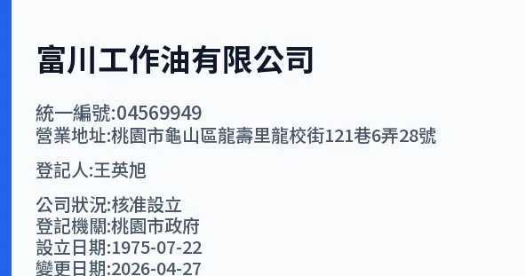 富川工作油有限公司的照片-統編 04569949(桃園市) 公司登記資料與營業項目詳細圖表