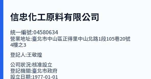 信忠化工原料有限公司的照片-統編 04580634(臺北市) 公司登記資料與營業項目詳細圖表