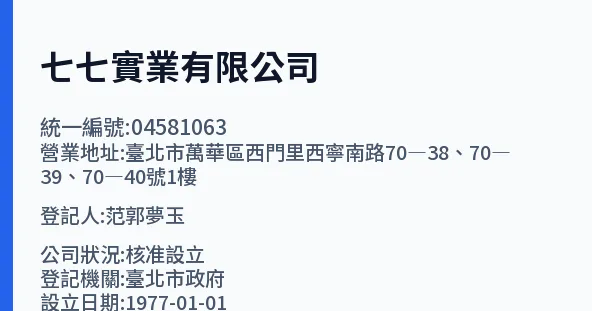 七七實業有限公司的照片-統編 04581063(臺北市) 公司登記資料與營業項目詳細圖表