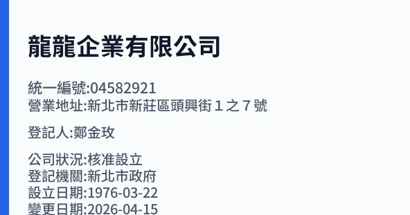 龍龍企業有限公司的照片-統編 04582921(新北市) 公司登記資料與營業項目詳細圖表