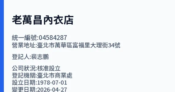老萬昌內衣店的照片-統編 04584287(臺北市) 公司登記資料與營業項目詳細圖表