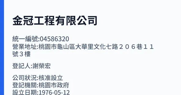 金冠工程有限公司的照片-統編 04586320(桃園市) 公司登記資料與營業項目詳細圖表