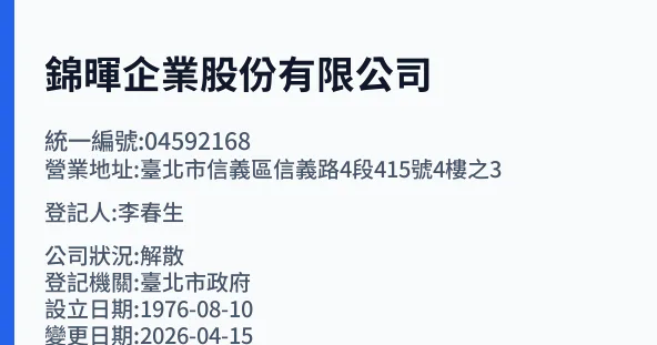 錦暉企業股份有限公司的照片-統編 04592168(臺北市) 公司登記資料與營業項目詳細圖表