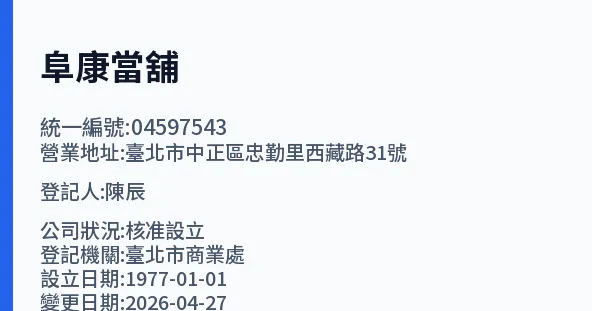 阜康當舖的照片-統編 04597543(臺北市) 公司登記資料與營業項目詳細圖表