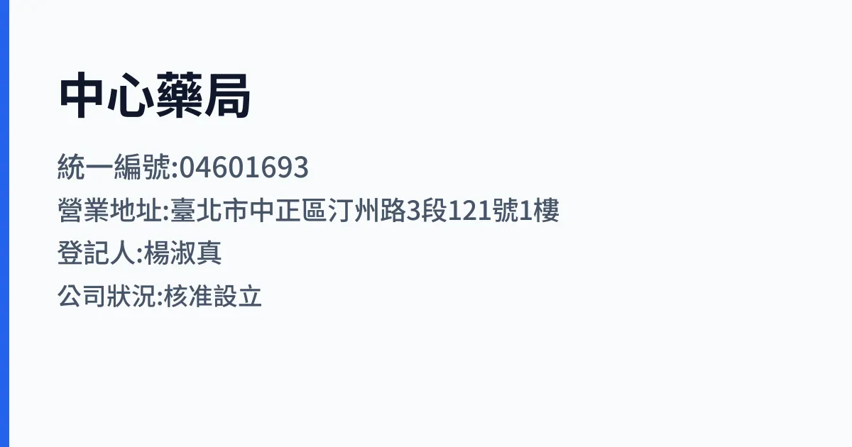 中心藥局 - 統編 04601693(臺北市) 公司登記資料與營業項目詳細圖表