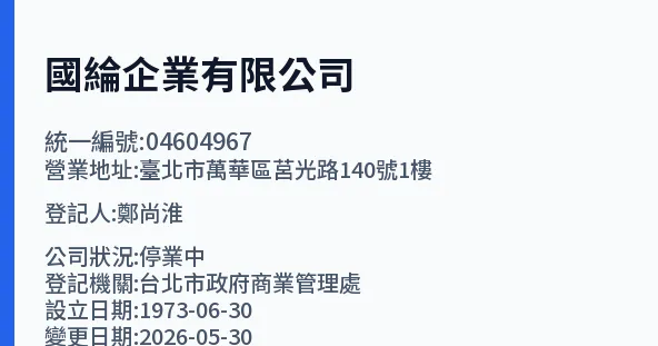 國綸企業有限公司的照片-統編 04604967(臺北市) 公司登記資料與營業項目詳細圖表