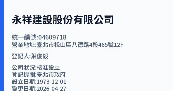 永祥建設股份有限公司的照片-統編 04609718(臺北市) 公司登記資料與營業項目詳細圖表